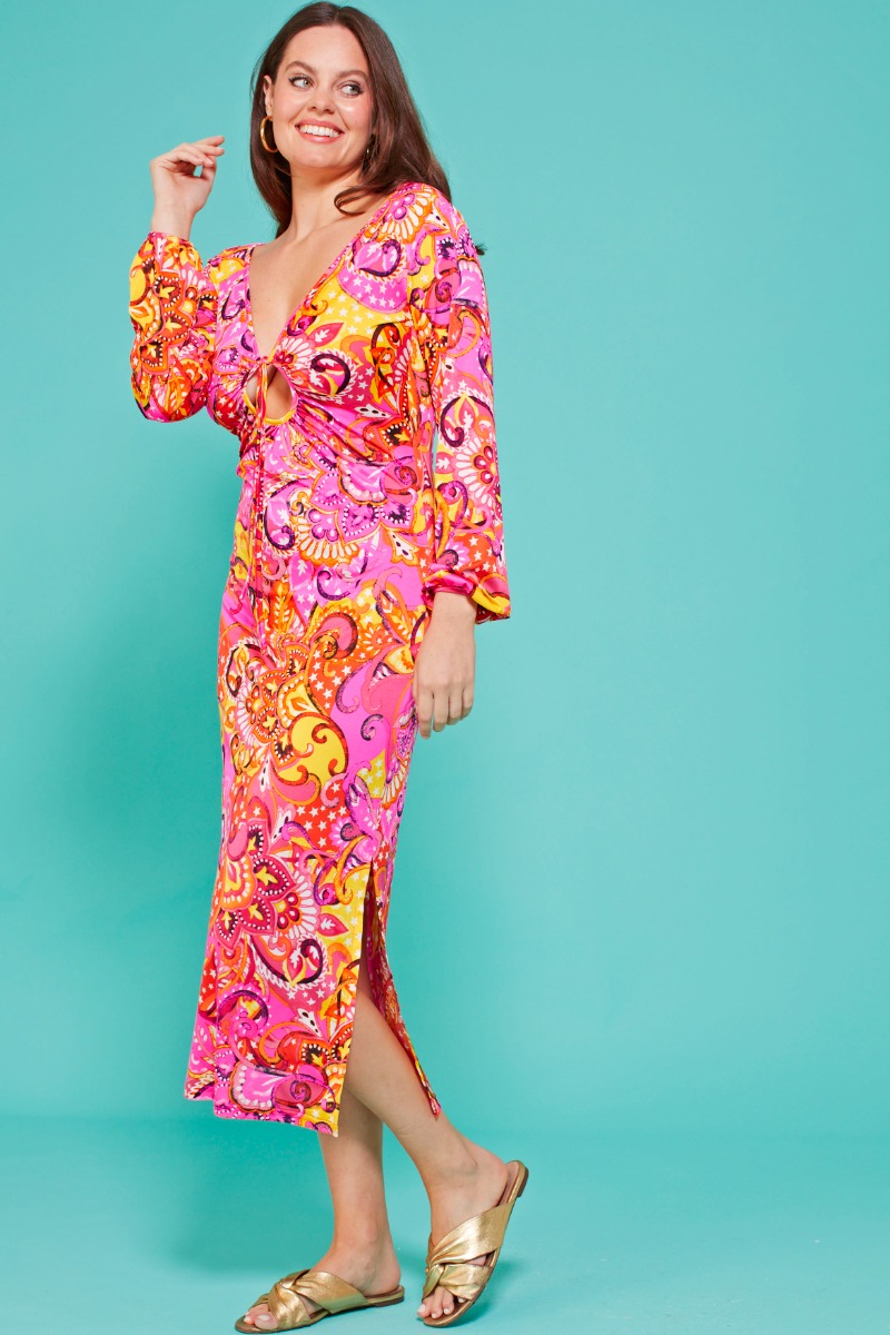 CAPRI MIDI DRESS SOL NEON ORANGE PINK PRINT