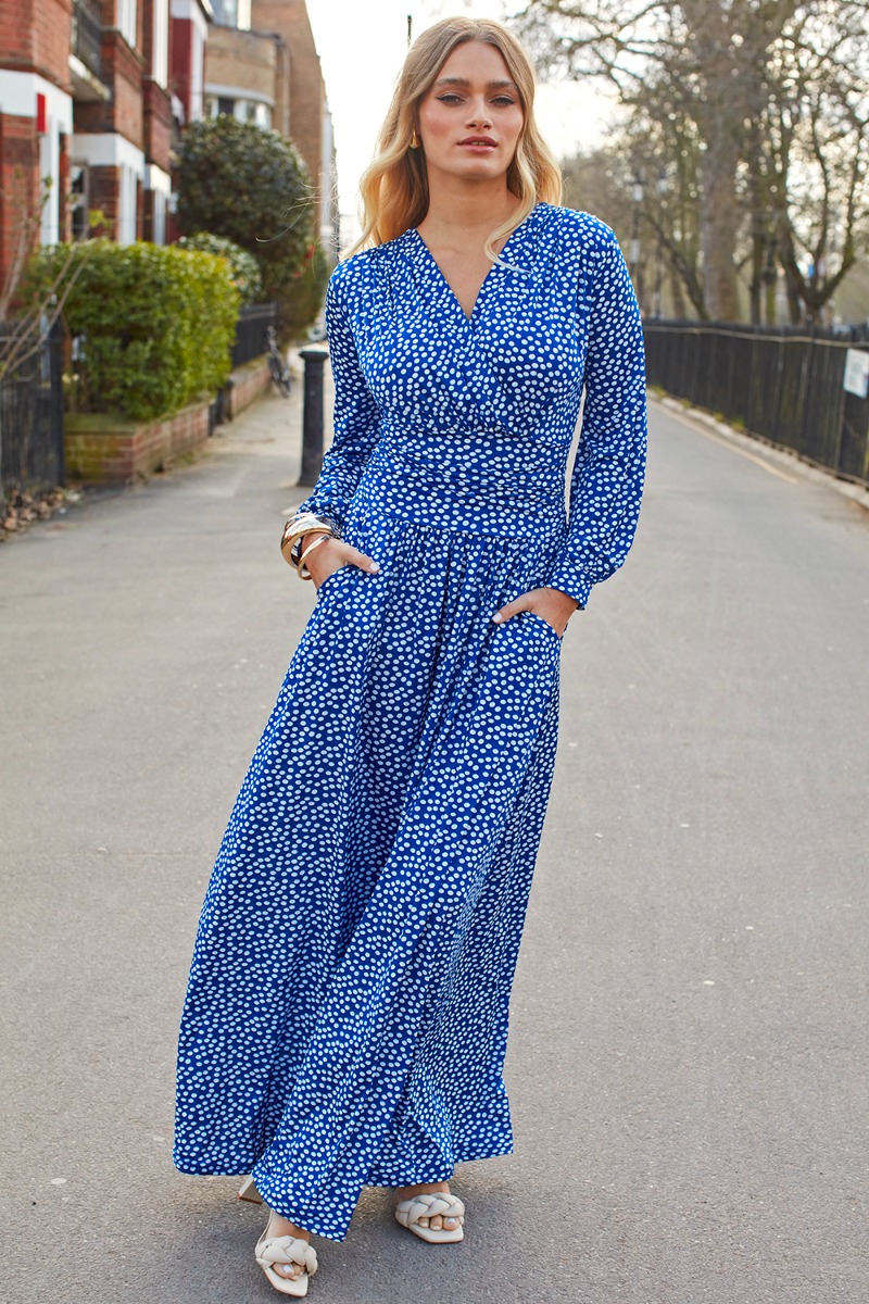 SHARON MAXI DRESS SMALL POLKA BLUE DOT PRINT